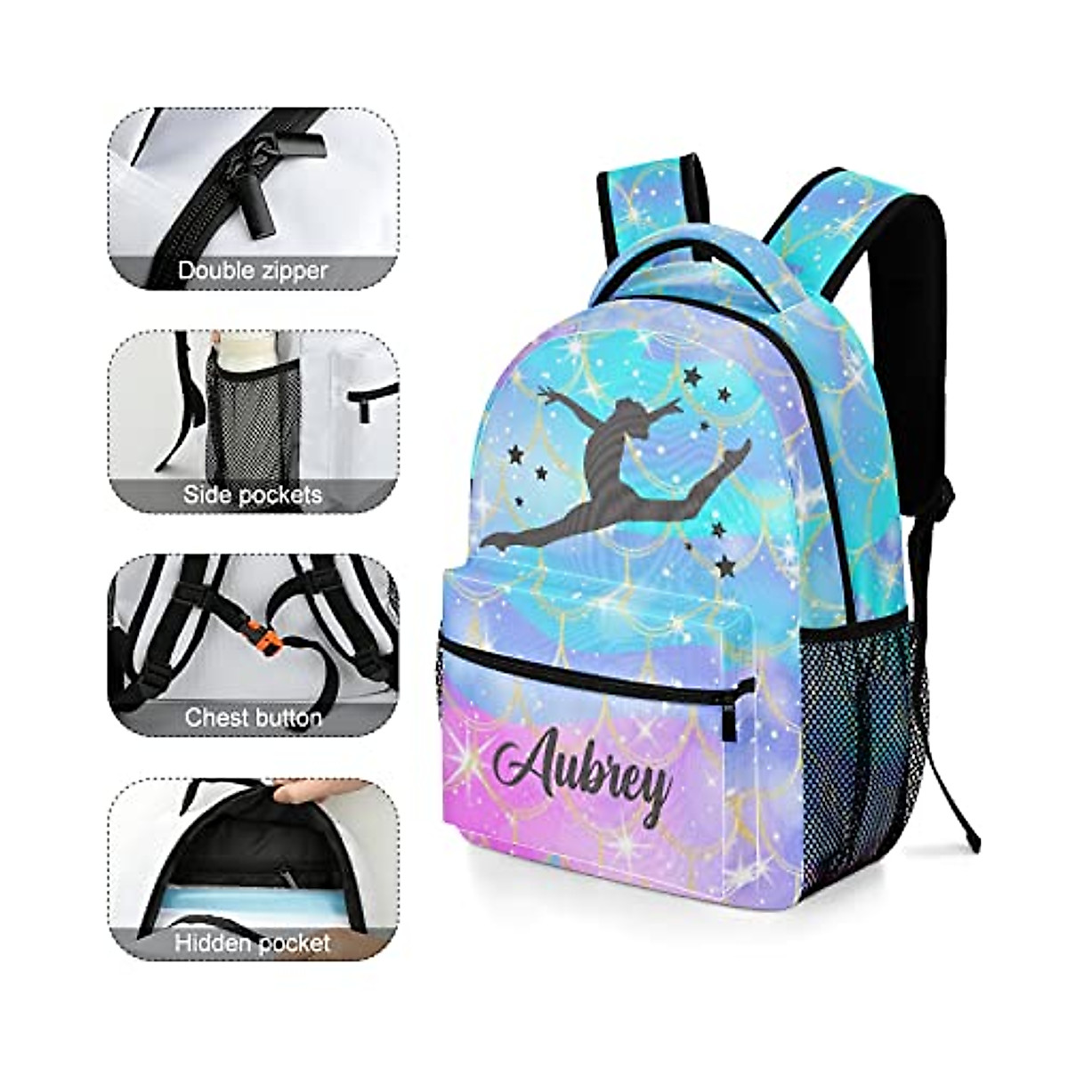 Gymnastic Mermaid Scale Fantasy Personalized School Backpack Bags Kids Backpack for Teen Boys Girls Travel Backpack
