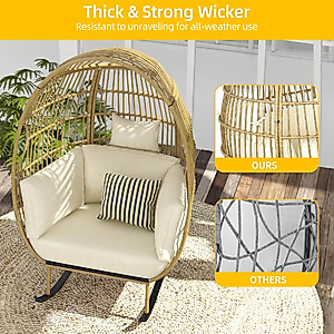 DWVO Outdoor Rocking Egg Chair, Patio Rocking Chair Oversized, 370lb Capacity, Anti-Slip, All-Weather Wicker Egg Lounger Chair for Indoor, Outside (Beige)