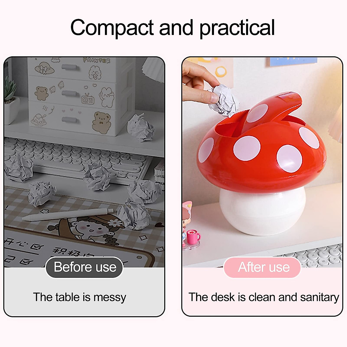 Altsuceser Mushroom Mini Trash Can with Swing Lid, Red, Plastic, 19cm