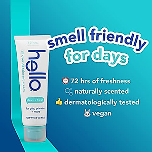 hello All Over Clean & Fresh Deodorant Cream, Aluminum Free Deodorant Cream for Pits, Privates + More, Offers 72 Hours of Freshness, Safe for Sensitive Skin, Vegan, 1 Pack, 3 Oz Tube