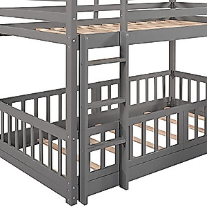 Twin Over Twin Low Bunk Bed for Kids, Ladder and Slide Can Be Interchanged or Remove, Solid Wood Bunk Bed Can Be Converted into Loft Bed (Gray + Fence Can Be Deleted)