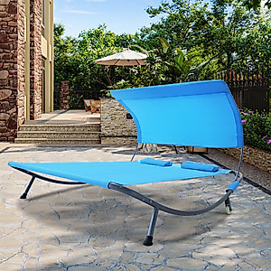 Outdoor Double Chaise Lounge Bed with Canopy & Headrest Pillow, Patio Portable Leisure DayBed Lounge with Portable Wheels for Deck, Indoor, Yard, Poolside, Sun Room (Blue)