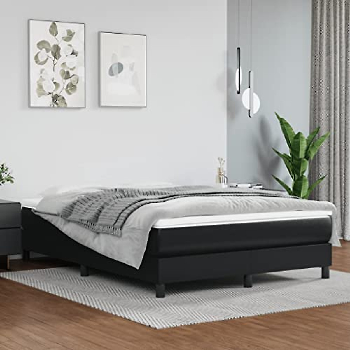 Penau Bed Frames Box Spring Bed with Mattress Black 53.9"x74.8" Full Faux Leather Beds with Headboard