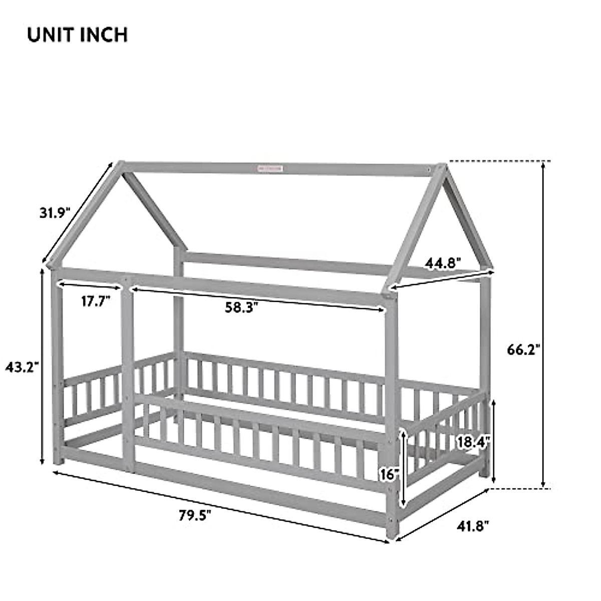 DEYOBED Twin Size Wooden Bed with House Roof Frame and Fence Guardrails, Twin Size Floor Bed Frame for Children - Gray Floor Bed