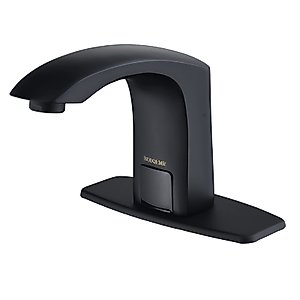 BODQEMR Automatic Sensor Touchless Bathroom Sink Faucet Black Single Hole Hands-Free Battery Powered Solid Brass Faucet with Deck Plate, Control Box and Temperature Mixer
