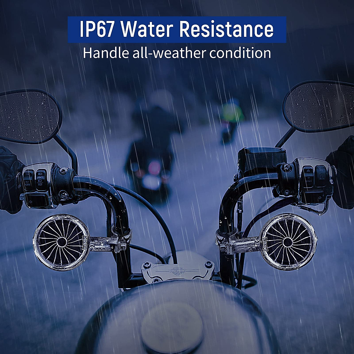 LEXIN Q3 Motorcycle Speakers Bluetooth Waterproof, 3" Full Range Handlebar Audio Systems for Harley with Stereo/Bass Sound, Turning Light, Bluetooth V5.1, FM Radio, Fits ATVs/UTVs, Chrome