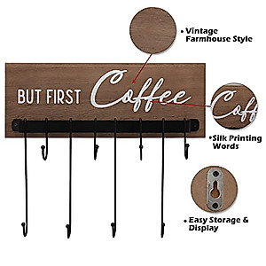 GENMOUS Rustic Coffee Mug Holder Wall Mounted for Mug Rack Organizer, Farmhouse Wood Coffee Cup Holder Tea Mug Rack Wood Storage Display Organizer Hanger for Home Kitchen Coffee Bar Wall Decor Brown