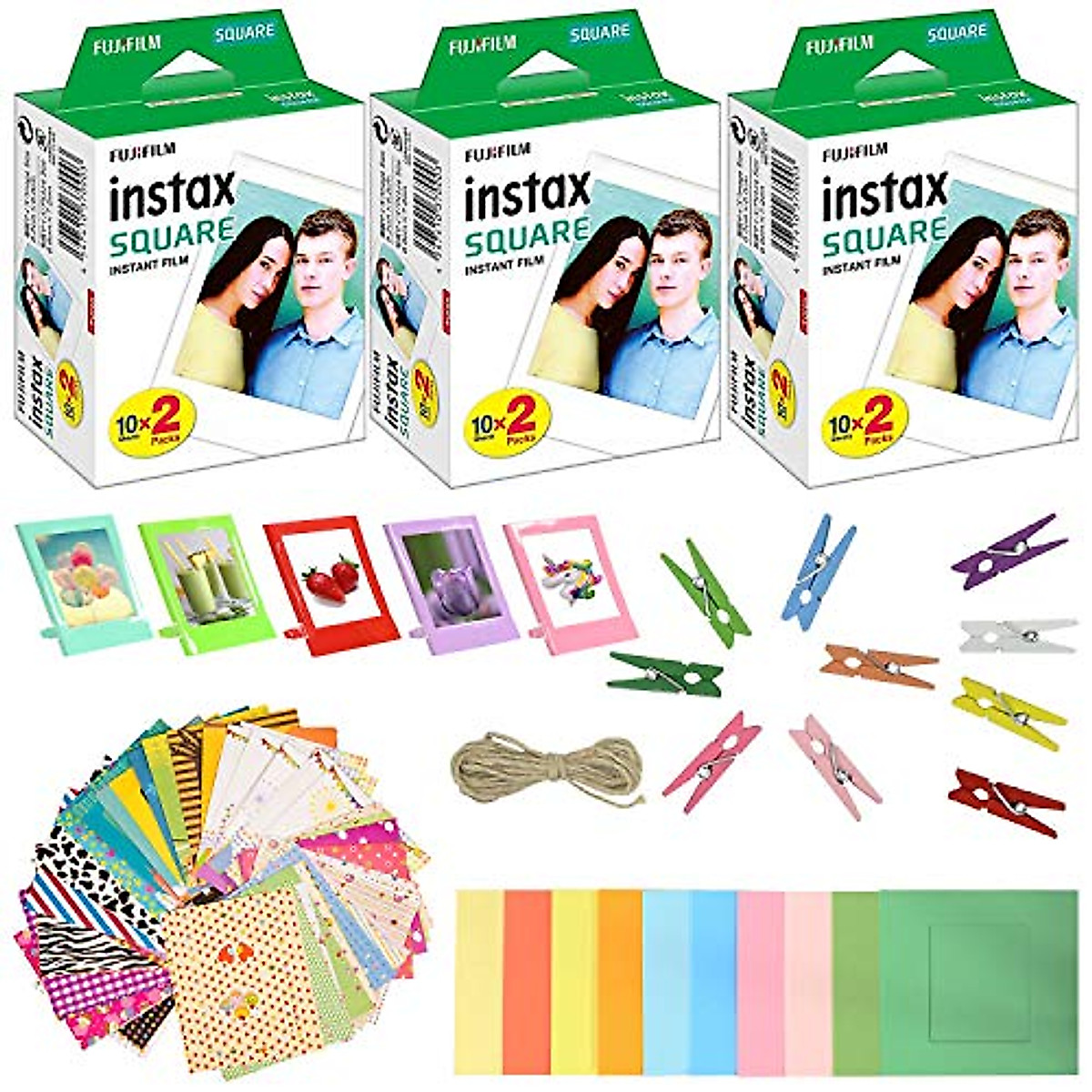Fujifilm Instax Square Instant Film (3 Pack, 60 Sheets) 5 Plastic Desk Frames + 10 Paper Frames Plus 60 Border Frames