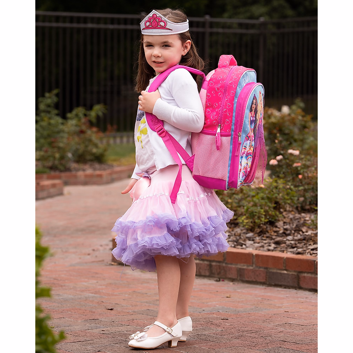 Barbie & Friends Cosplay Backpack, Girls Bookbag with Adjustable Shoulder Straps & Padded Back, 16” School Bag w/3D Skirt and Metallic Fabric Tiara.