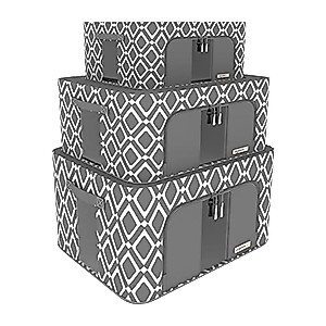 OrganizeME 3 Pack Stackable Clothes Storage Bin Metal Frame Collapsible Storage Box Foldable Bin For Blankets Cloths Comforters Closet Organiser Sturdy Handle Design with Clear Window (Graphite Grey)