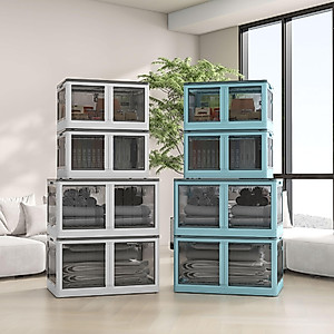 HOMCOM 18 Gal Stackable Storage Bins with Lids, 3 Packs Collapsible Closet Organizers and Storage, Plastic Drawer Storage Container on Wheels with 5-Sided Access, Doors for Blankets, Blue