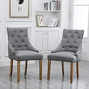 HomeSailing 4 Comfy Armchairs Dining Room Chairs with Arms Only Grey Fabric Upholstered Kitchen Chairs High Back Button Tufted Padded Side Chairs for Living Room Wood Oak Legs Chairs (Gray Set of 4)