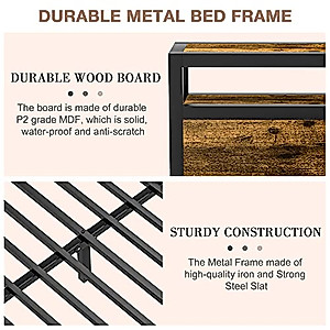 Codesfir Full Size Bed Frame Industrial Platform Bed with Charging Station 2-Tier Storage Headboard and Strong Support Legs, Noise-Free, No Box Spring Needed, Vintage Brown