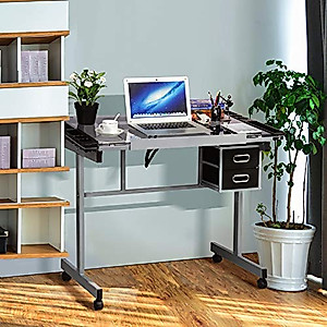 Topeakmart Glass Drafting Table Rolling Drawing Desk Artists Art Craft Desk w/2 Slide Drawers and Wheels for Home Office School