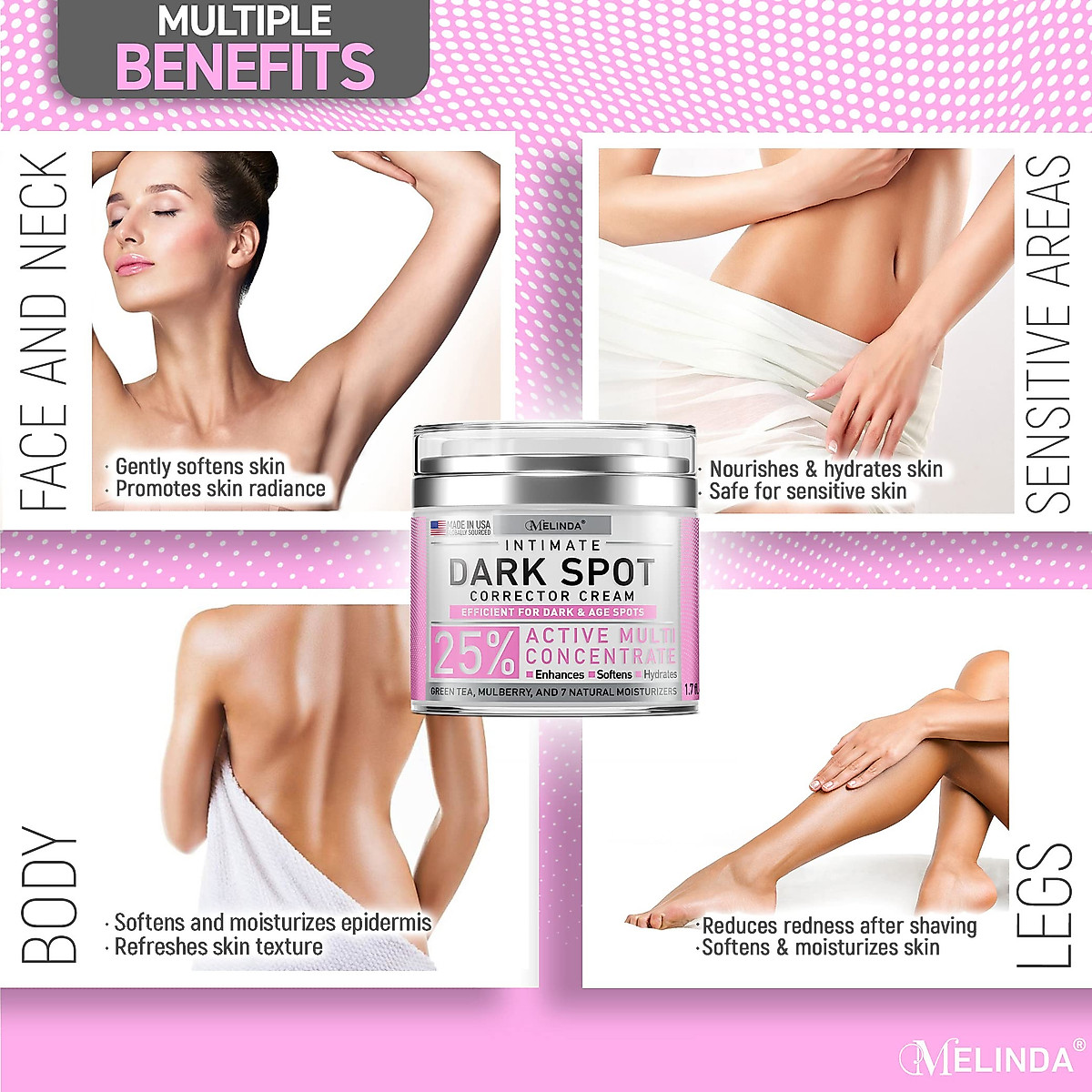 Dark Spot Corrector Cream for Face, Body & Sensitive Areas - Made in USA - Dark Spot Remover with Arbutin & Hyaluronic Acid - Even Skin Tone - 1.7 Oz