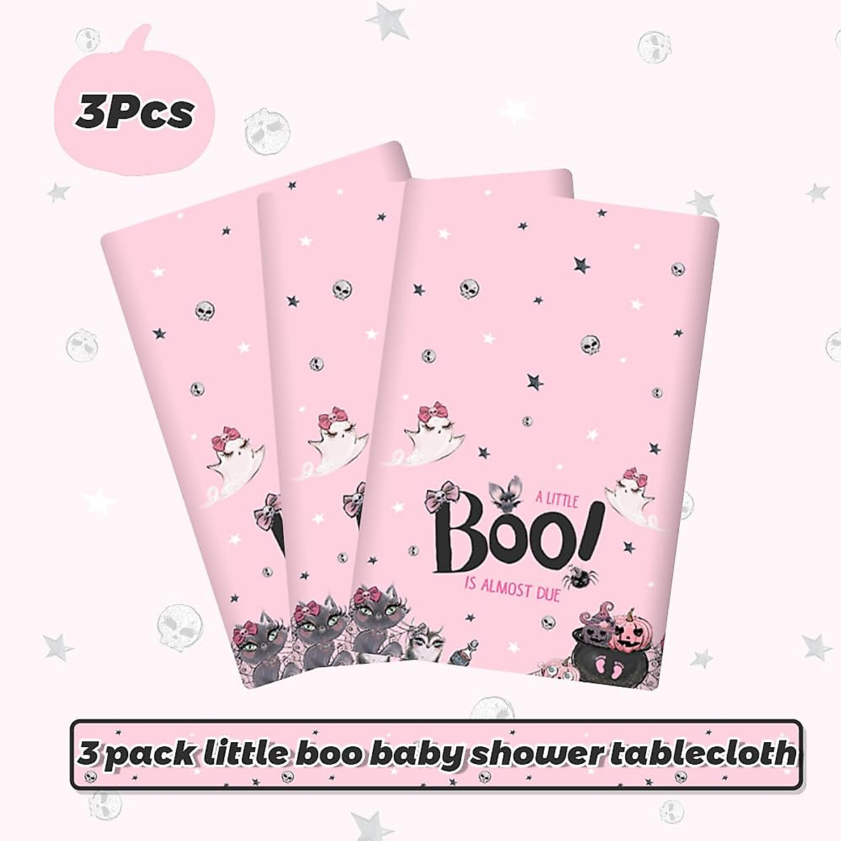 MEHOFOND 3 PCS Pink Halloween Baby Shower Plastic Tablecloths, Little Boo Baby Shower Disposable Table Cover Decorations, a Little Boo is Almost Due Disposable Tablecloth, Halloween Desk Party Decor