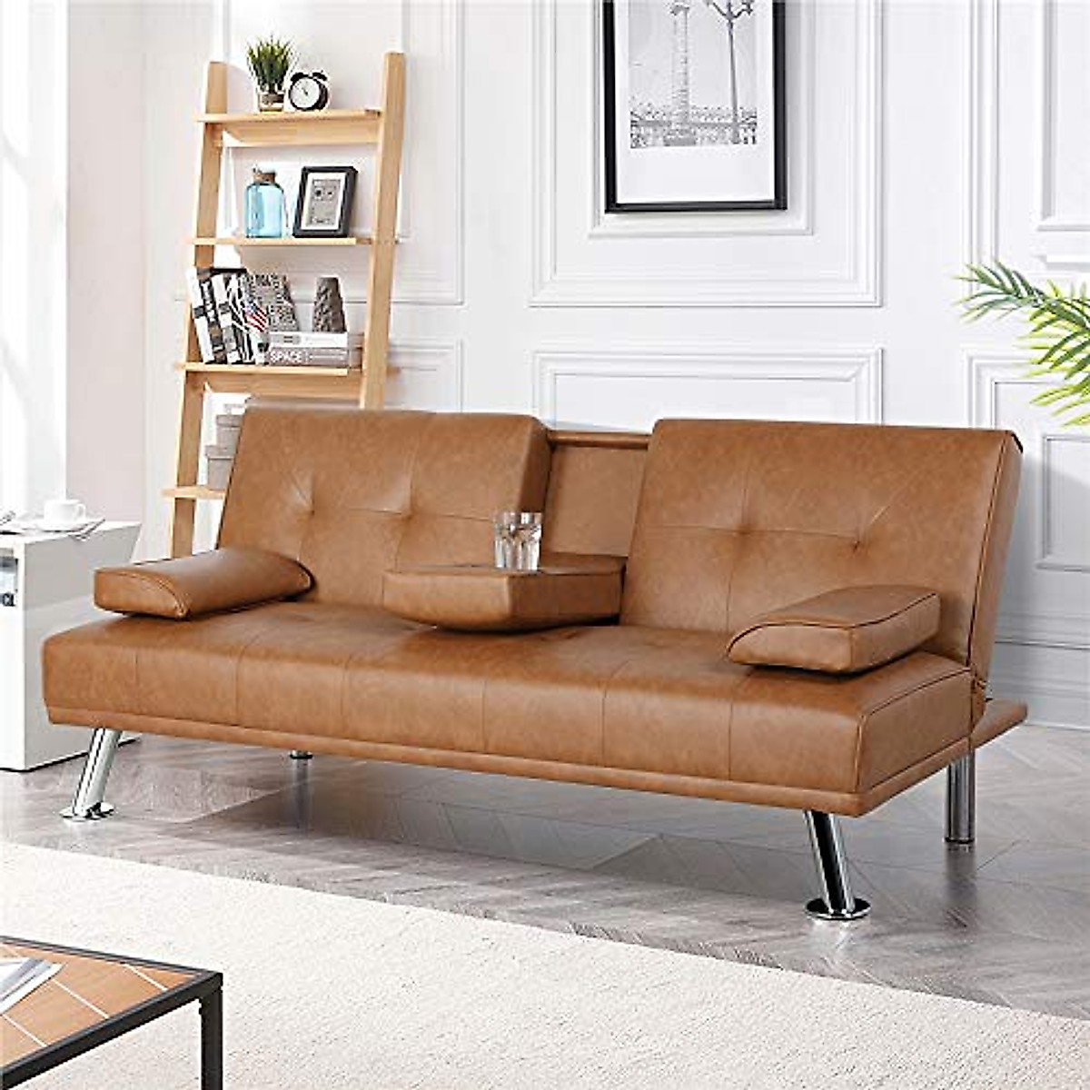 Cyanhope Futon Sofa Bed Convertible Love Seat Faux Leather Sleeper with Folding Down Cup-Holders and Removable Arms, Brown