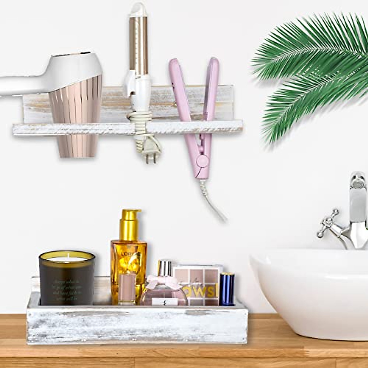 Hair Tool Organizer Wall Mounted - Wooden Hair Dryer Holder, Rustic Blow Dryer Holder for Curling Iron, Hot Tools, Hair Straighteners, Set of 2 Bathroom Vanity Tray for Makeup,Toiletries, White