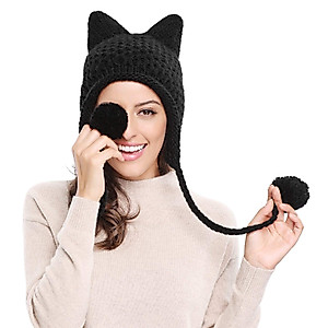 Bellady Winter Cute Cat Ears Knit Hat Ear Flap Crochet Beanie Hat, Black