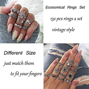LOYALLOOK 132PCS Bohemia Knuckle Ring Set Women Hollow Silver Fashion Finger Rings Vintage Stackable Knuckle Midi Rings Set, Boho