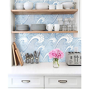 Cute Sea Waves Adhesive Shelf Liner Peel & Stick Dresser Drawer Sticker Cabinet Sticker Furniture Contact Paper, 17.7 Inch by 9.8 Feet (17.7 Inch by 9.8 Ft, Blue/White)