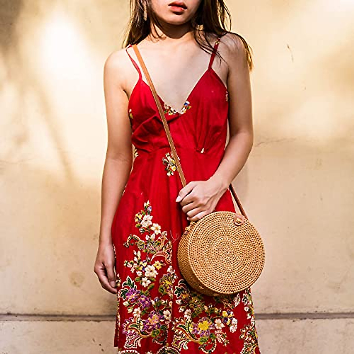 Natural NEO Handwoven Round Rattan Bag Shoulder Leather Straps Natural Chic Hand