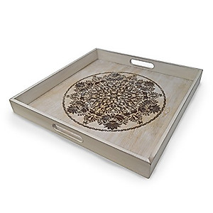 Decorative Wooden Serving Tray with Engraved Art, Ottoman Breakfast Tray for Carrying Drinks Letters Mail, 15.75 x 15.75 in (40 x 40 cm) Display Piece, Rustic Antique Distressed Look