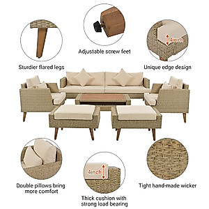 Merax 6-Pieces All Weather PE Wicker Sofa Set, Outdoor Rattan Sofa with Double Cushions, Wood Legs Wood Table Top