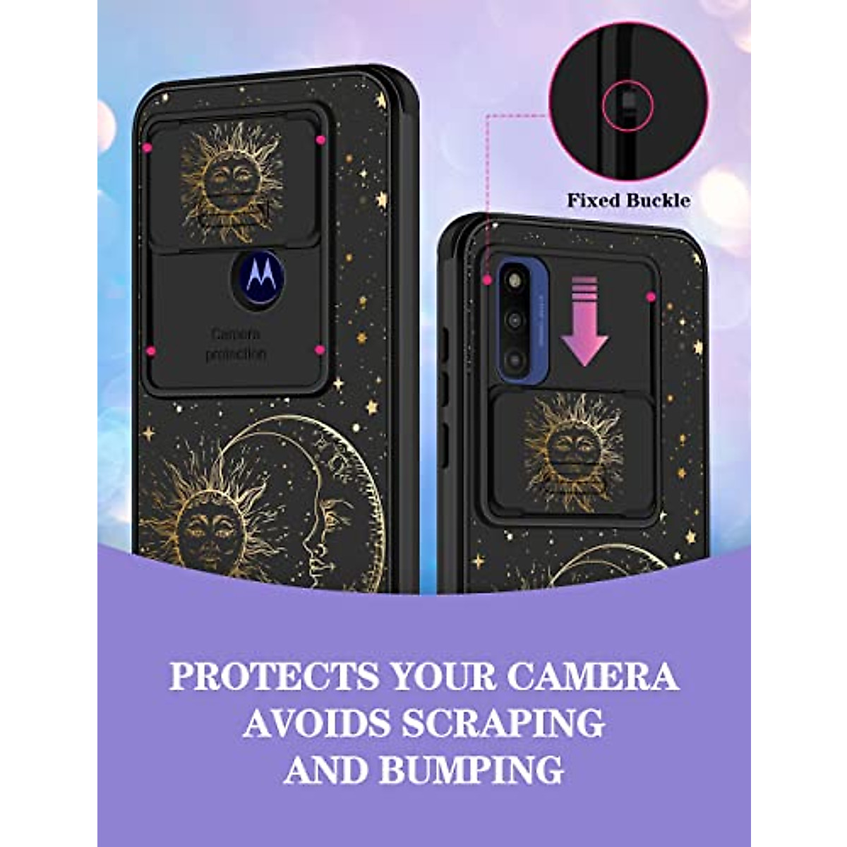 Goocrux for Moto G Pure Phone Case Sun and Moon Stars for Girls Women Cute Space Girly Cover Fashion Gold Print Unique Design with Slide Camera Cover Aesthetic Cases for Motorola Moto G Pure 6.5 inch