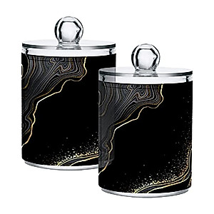 ALAZA Black White Golden Marble 2 Pack Qtip Holder Dispenser with Lid 14 Oz Clear Plastic Apothecary Jar Containers Jars Bathroom for Cotton Swab, Ball, Pads, Floss, Vanity Makeup Organizer