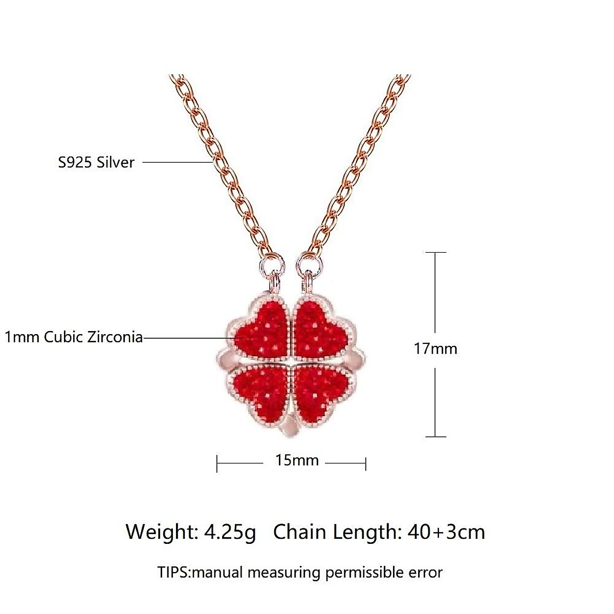 Lam Sence Sterling Silver Heart Shaped and Four Leaf Clover Convertible Pendant Necklace Crystals Jewelry for Women(Rose Gold)