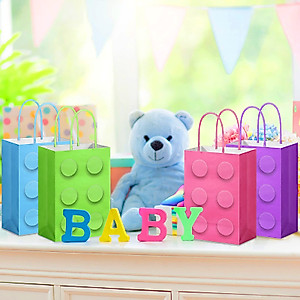 Perkoop 24 Pieces Building Block Party Favor Bags, Bricks Candy Treat Paper Bags, Party Gift Goodie Bags with Handle for Girls Building Block Birthday Party Baby Shower Decoration Supplies