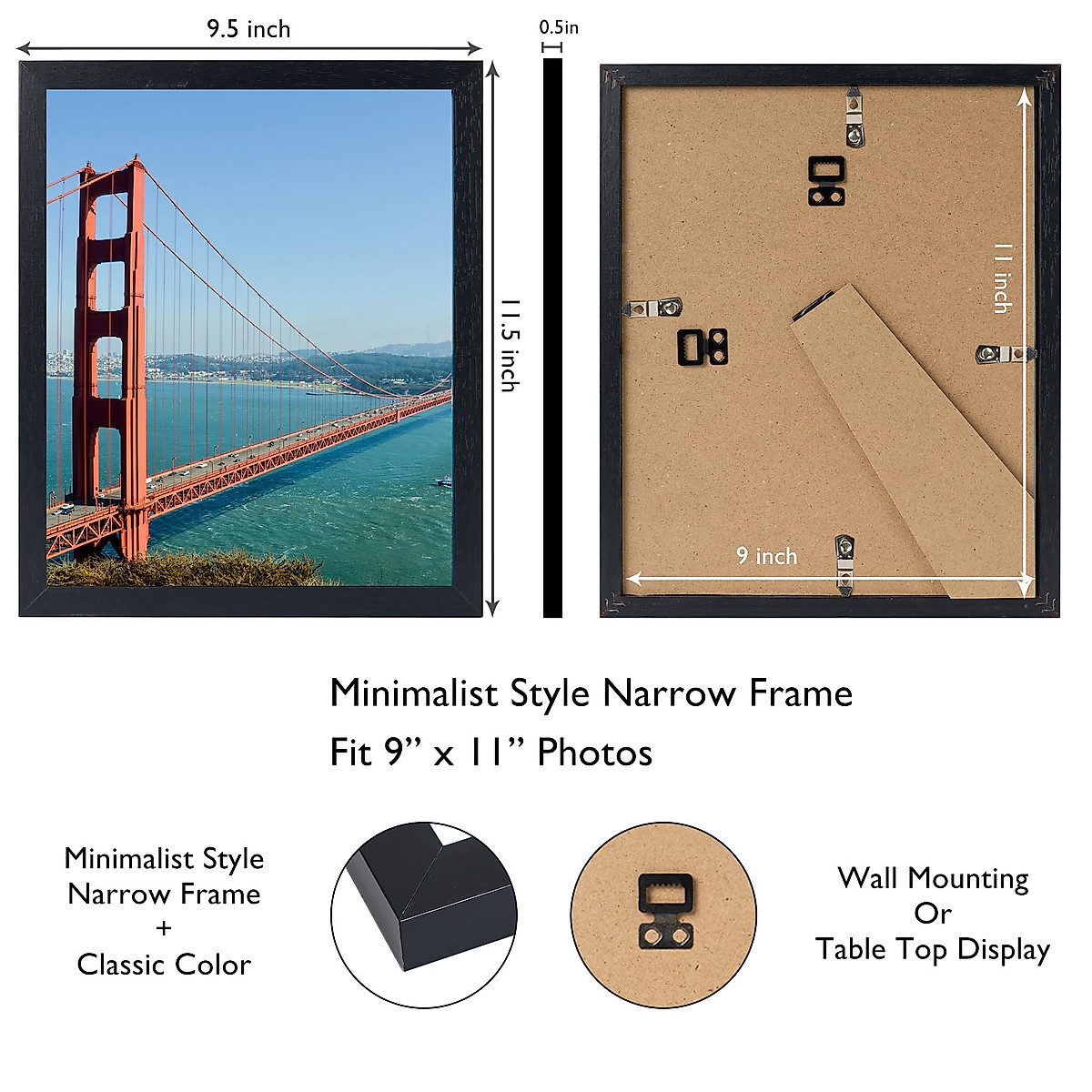 HEYTUYA 9x11 inch Picture Frame Black for Wall Hanging or Tabletop 4 Pack, 9 x 11 Frame Wall Gallery Photo Frame with Shatter Resistant Plexiglas, Set of 4, Black