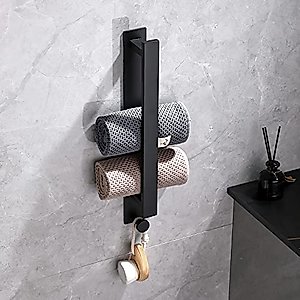 WOSOMOK Vertical Towel Bar for Bathroom with 3M Sticker 15.8 Inch SUS304 Stainless Steel Square Shower Bath Wall Hand Towel Holder Rack No Drilling Matte Black Towel Shelf Rack with Hook