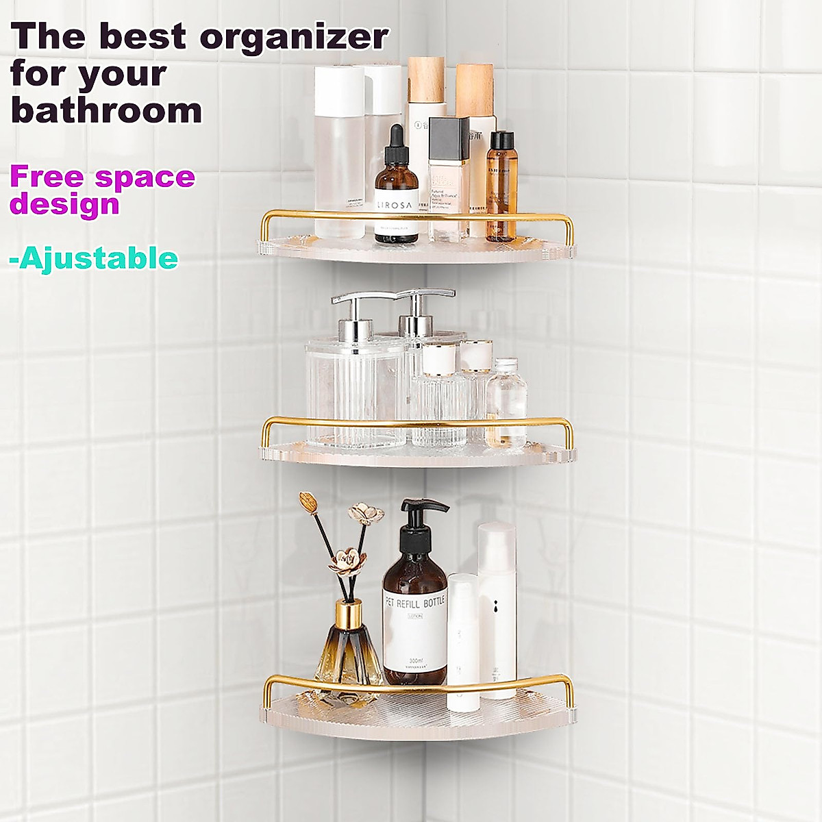 V-HOME Corner Shelf Wall Mount, Set of 3 Floating Corner Shelf Shower Corner for Bathroom Storage 3 Tier Corner Display Rack Shower Caddy (Acrylic Gold)