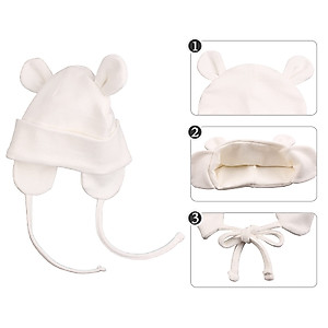 JANGANNSA White Newborn Baby Beanie Hospital Hat for Boys Girls Cotton Preemie Baby’s Hat Bear Ears (White,6-12Months)
