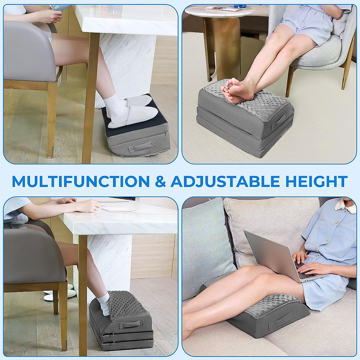 Foot Rest Under Desk for Office Use, Gel Memory Foam Foot Stool with 3 Adjustable Heights and Feet Warm Pocket for Back, Hip, Legs Discomfort Relief, Ergonomic Footrest for Office Chair & Gaming Chair