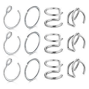 FECTAS 20G Fake Lip Rings Cartilage Earrings Ear Cuff Non-Pierced Clip On Faux Nose Ring Silver