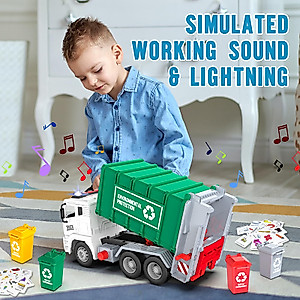 Moritakk 15.5" Large Garbage Truck Toys for 3 4 5 6 7 8 Year Old Boys,Back Dump Garbage Recycling Garbage Truck Toy with 4 Rear Loader Trash Cans,Christmas Birthday Sound Gift for Kids 3+
