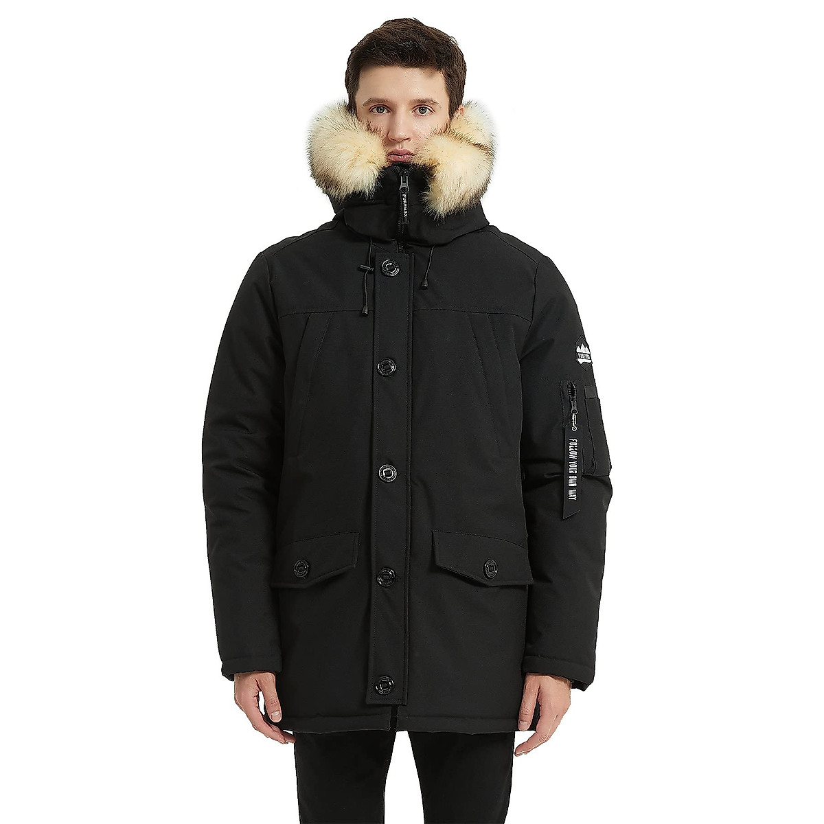 PUREMSX Puffer Jacket Men, Thick Winter Windproof Water Resistant Fur Hood Long Padded Outdoor Parka Coat,Black,X-Small