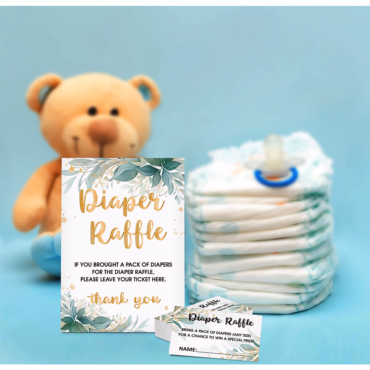 Diaper Raffle Baby Shower Game Set(1 Standing Sign + 50 Guessing Cards), Greenery Diaper Raffle Tickets for Baby Shower, Gold Foil Baby Shower Party Favor Decor - A05