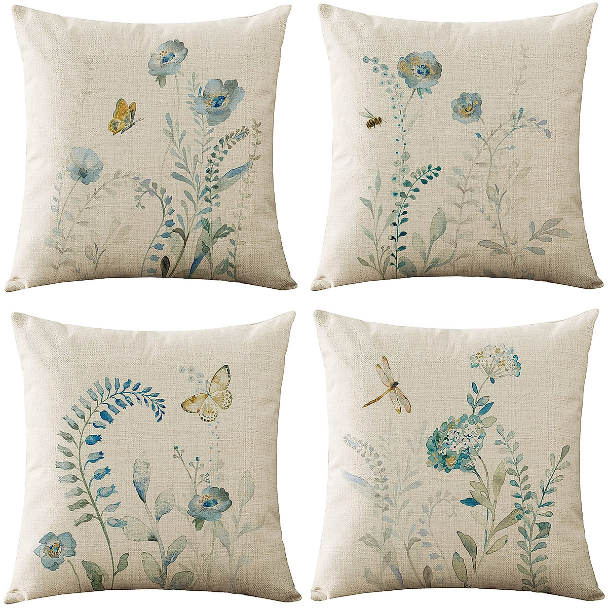 WOMHOPE Decorative Throw Pillow Covers Spring Flower Bird Butterfly Pillow Cases Cushion Cases Burlap Toss 18 x 18 Inch,Set of 4 for Living Room,Couch and Bed (Small Blue Flower)