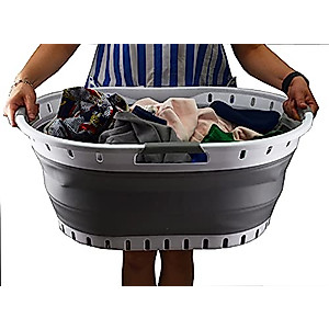 SAMMART 44L Collapsible Plastic Laundry Basket - Foldable Pop Up Storage Container/Organizer - Space Saving Hamper/Basket (1, White/Grey)