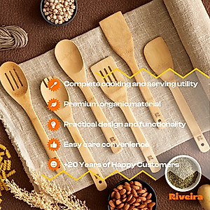 Riveira Wooden Spoons for Cooking 6-Piece Bamboo Utensil Set Apartment Essentials Wood Spatula Spoon Nonstick Kitchen Utensil Set Premium Quality Housewarming Gifts Wooden Utensils for Everyday Use