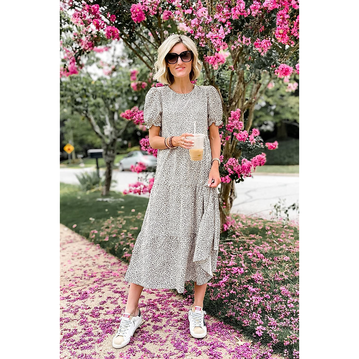 PRETTYGARDEN Women's Summer Casual Boho Dress Floral Print Ruffle Puff Short Sleeve Flowy Midi Beach Party Dresses (Apricot,Small)