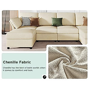 VanAcc Sectional Couch 7 Seats, Modular Sectional Sofa, Convertible Sofa in U Shape with Ottomans, Reversible Sofa Couch for Living Room, Beige Chenille