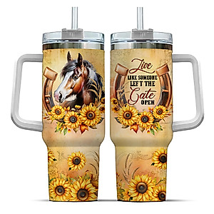99WHALE Horse Horseshoe Sunflowers, Tumbler 40 Oz With Handle Lid And Straw, Horse Gifts, Yellow Women For Coffee Horses Handle Music Tumblers Cups Lovers Sunflower