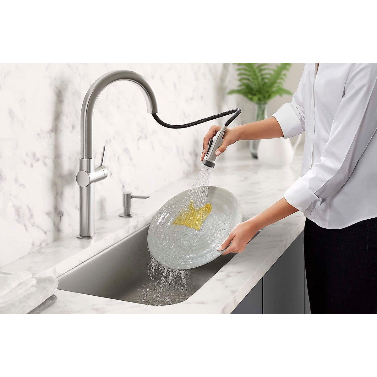 Kohler R22153-SD-VS Rune Single Handle Kitchen Faucet with Pull Down Sprayer and Soap Dispenser, Vibrant Stainless
