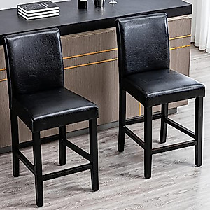 GOTMINSI Set of 2 Classic 24 Inches Counter Height Stools Upholstered Bar Stools with Solid Wood Legs and Black Leather Counter Stool(PU Black)