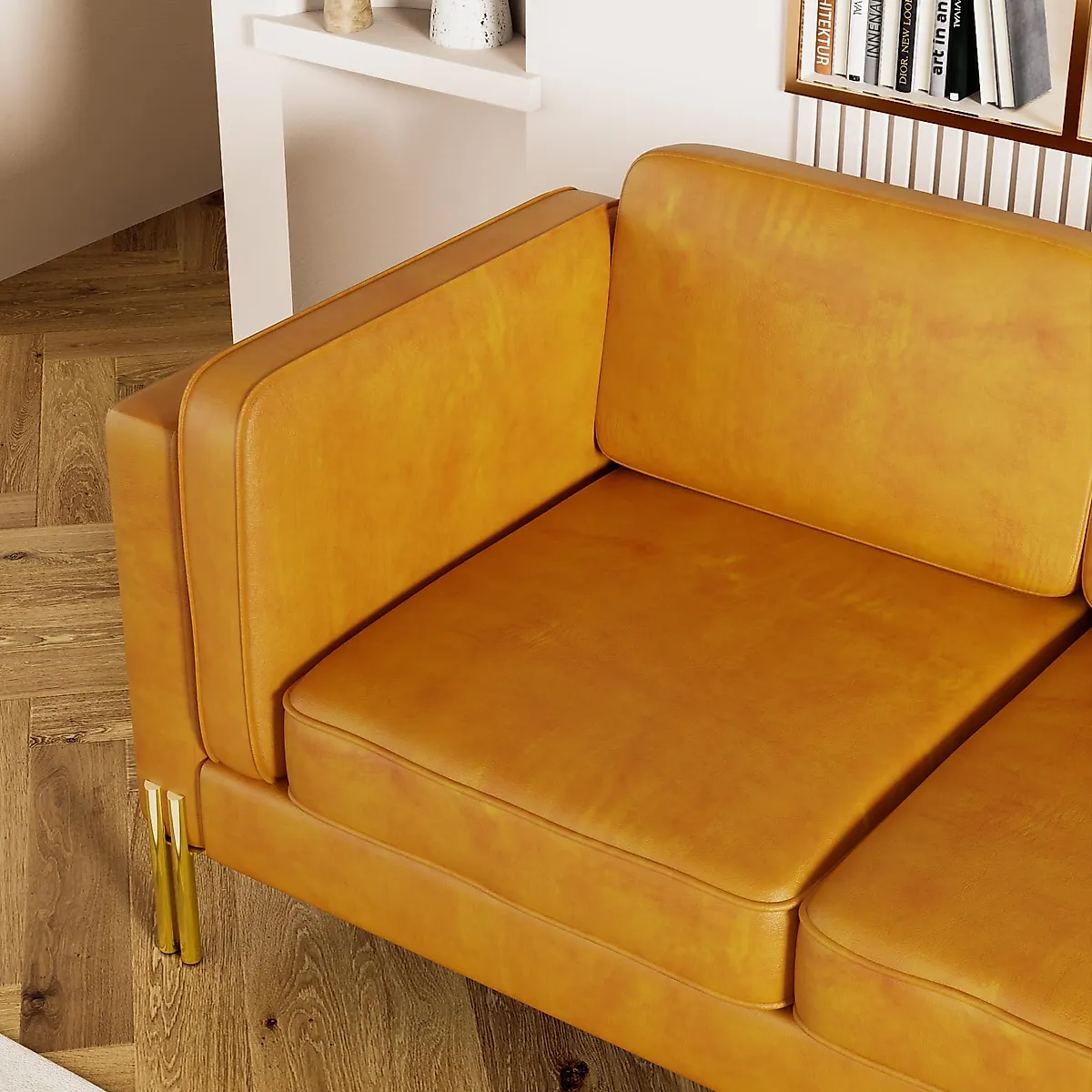 Lostcat 94"PU Leather Sofa, Mid-Century Modern Loveseat Couches Modern Sofa,94" Sofa with Reversible PU Leather Upholstered, Large 3 Seater Sofa with Gold Metal Legs for Living Room Comfy Couch,Brown